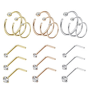 Jstyle 18Pcs Nose Rings Hoop Stainless Steel 20G L Shaped CZ Nose Studs Piercing Ring Hoop Body Jewelry Set