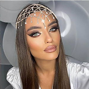 Aularso Rhinestone Head Chain Jewelry Forehead Hair Chain Wedding Tassel Headpiece luxury Crystal Party Headband for Women and Girls (Gold)