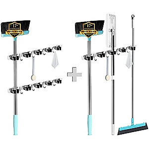 AceMining 3 Pack 5 Racks and 4 Hooks Broom and Mop Holder Wall Mounted Garage Organizer Storage Tool Racks Stainless Steel Heavy Duty Hooks Self Adhesive Solid Non-slip Wall Hangers…