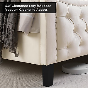 HOSTACK King Bed Frame, 55" Headboard Upholstered Bed with Tall Footbaord, Velvet Handmade Pleats Deep Button Tufted Wingback Platform Bed, No Box Spring Required/Wood Slat Support/Beige