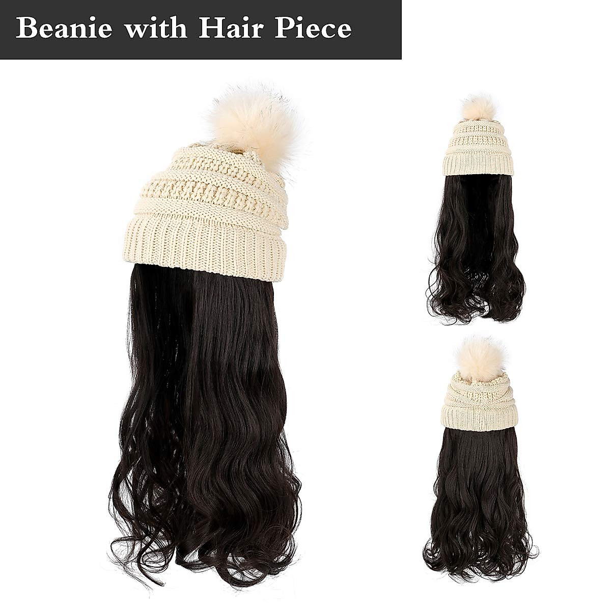 AynnQueen Beanie with Hair Attached for Women Slouchy Cable Hat Wig Knit Beanie Winter Hat with 20inch Removable Hair Extensions Wig (Dark Brown-Khaki Hat)