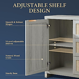 OAKHAM HOME Hampstead 3 Drawer Storage Cabinet Accent Storage Cabinet with Rattan Drawers, Buffet Kitchen Cabinet Sideboard Buffet with Adjustable Interior Shelves for Living Room, Hallway, Pale Oak