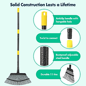 Rake - 65 Inch Long Garden Leaf Rake, 18 Inch Wide Heavy Duty Leaf Rake for Shrub with 25 Metal Tines,Yard Thatchibng Rake with Ergonomics Adjustable Handle for Picking Leaves,Grass ClippingsGarbage