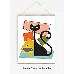 Mid Century Modern Atomic Cat & Coffee Cup Wall Art Print - 11x14 Unframed Abstract Decor. Shades of Mustard Yellow, Black, Moss Green, Pink, Orange & Aqua on White. Print No.16