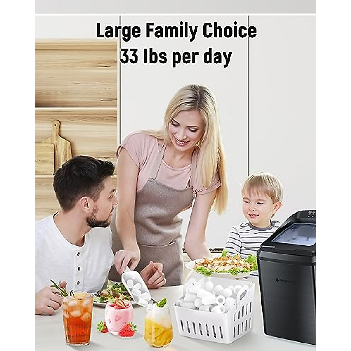 Dreamiracle Ice Maker Machine Countertop Self-Cleaning, 33lbs/24h, Two-Size Bullet Ice Cubes, 2.8L Water Tank, 9 Cubes/Batch