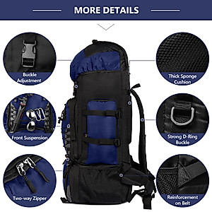 Unineovo 90L Hiking Backpack, Waterproof Camping Bag with Rain Cover, Lightweight Backpacking Back Pack - No Frame (Blue)