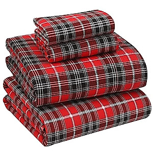 RUVANTI Flannel Sheets Queen Size - 100% Cotton Brushed Flannel Bed Sheet Sets - Deep Pockets 16 Inches (fits up to 18") - All Seasons Breathable & Super Soft - Warm & Cozy - 4 Pcs - Red Plaid