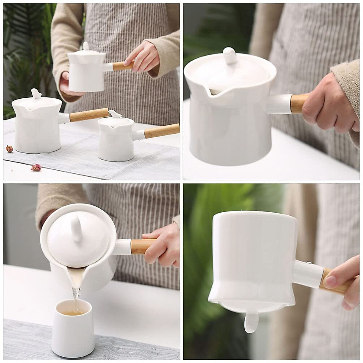 BESTonZON Ceramic Milk Warmer Pot 350ml Enamel Milk Pan Non-stick Milk Saucepan with Lid Porcelain Coffee Pot Food Bowl Butter Warmer with Wooden Handle for Heating Liquid Appetizer