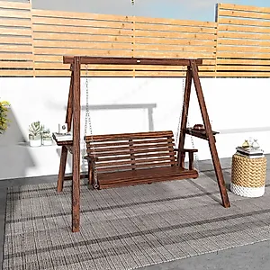 Outsunny 2-Seat Porch Swing Loveseat, Wooden Patio Swing Chair with Stand and Side Tables, for Garden, Poolside, Backyard, Carbonized