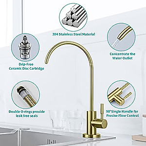 MIAOHUI Reverse Osmosis Faucet, Drinking Water Faucet Fits Non-Air Gap Water Filtration Systems, Modern RO Faucet Kitchen Filtered Water Faucet, Lead-Free, Stainless Steel (Brushed Gold)