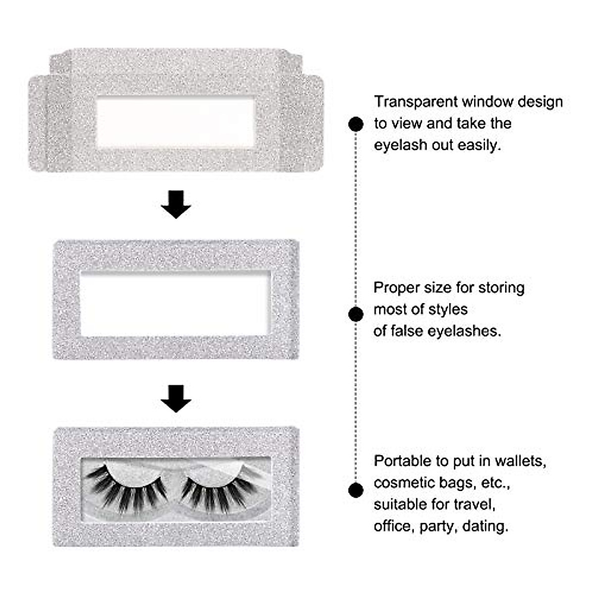 MAGEFY 30 Pieces Eyelashes Packaging Box, Empty Eyelash Boxes Lash Box Packaging Glitter Paper Eyelash Storage Box Soft Paper Lash Case (Silver)