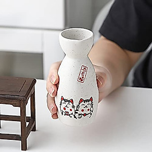 Mozacona Ceramic Lucky Cat Japanese Sake Set,1 Tokkuri Bottle and 4 Ochoko Cups