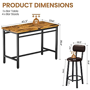 Recaceik Dining Table Set for 4 Bar Kitchen Table and Chairs for 4, Counter Height Table with 4 PU Leather Upholstered Stool, Dinner Table Breakfast Nook Table Set for Small Space, Rustic Brown