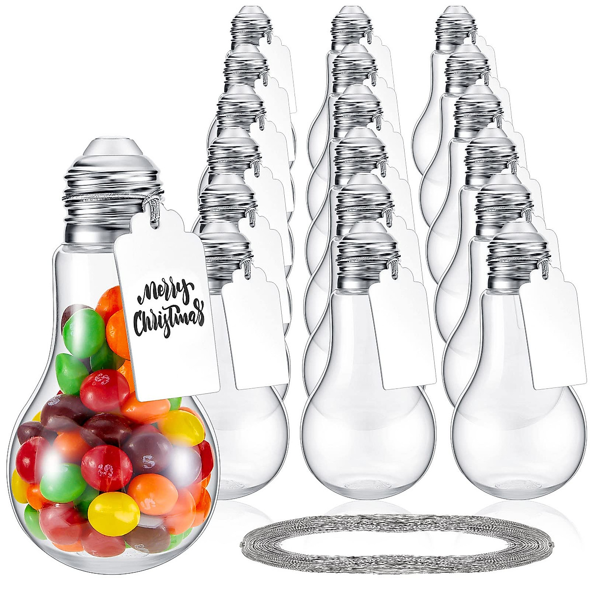 Tessco 48 Pieces 100 ML Plastic Light Bulb Jars with Graduation Card and String, Light Bulb Candy Containers Clear Candy Jars Fillable Lightbulb Ornaments for Crafts Drink Party Favors (Silver)