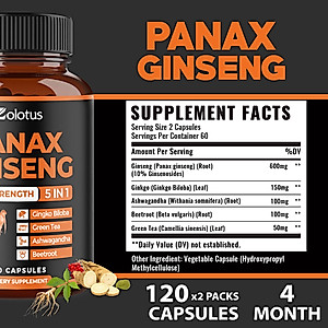 Zolotus Korean Red Panax Ginseng + Ginkgo Biloba, Ashwagandha, Beetroot, Green Tea - 120 Capsules (Pack of 2)