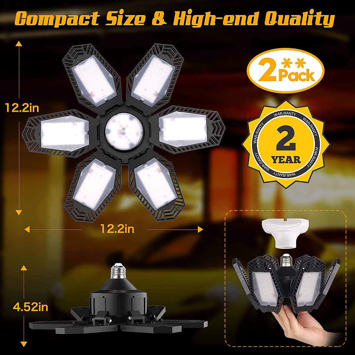 2 Pack led Garage Light 120W Warm Light Garage Lighting Ceiling fixtures led Basement Light 3000k deformable Garage Lighting Screw in 12000LM LED Shop Light Bulb for Basement Workshop Warehouse Barn