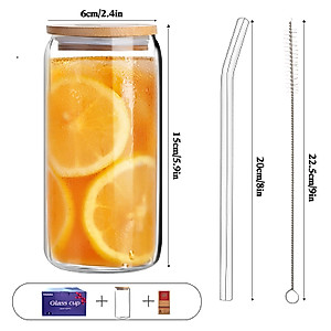 Vozoka Beer Glass Cups with Bamboo Lids and Glass Straw, 6 Set 16 Oz Ice Coffee Glasses, Tumbler Glass Cup, Drinking Glasses Set for Coffee Whiskey Cocktail