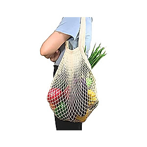 [2 Pack] Premium Mesh Grocery Bags, Reusable Produce Bags, Long Handle Net Tote Bags, 100% Cotton String Bags, Fruit and Vegetable Bags, Beige (Portable/Washable/Durable)