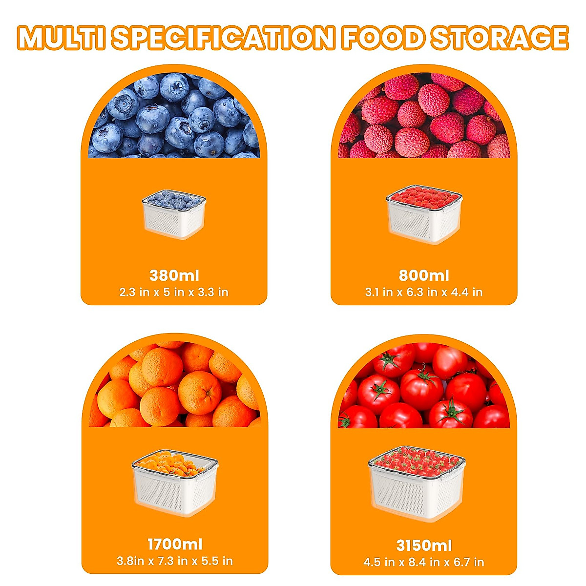 Fruit Storage Containers for Fridge - 4 PCS Poduce Containers for Fridge - Berry Containers for Fridge with Removable Drain Basket - Keep Fruit Lettuce Berry Vegetables Meat Food Stay Fresher Longer