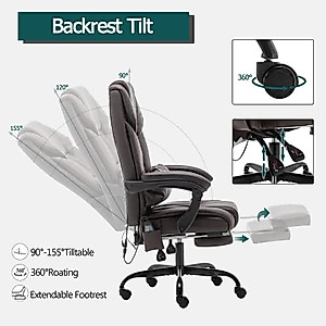 MELLCOM Massage Office Chair with Extendable Footrest, Pu Leather Executive 6 Pointed Vibrating Computer Gaming Chair with Headrest Support, Adjustable Back Recline, Brown