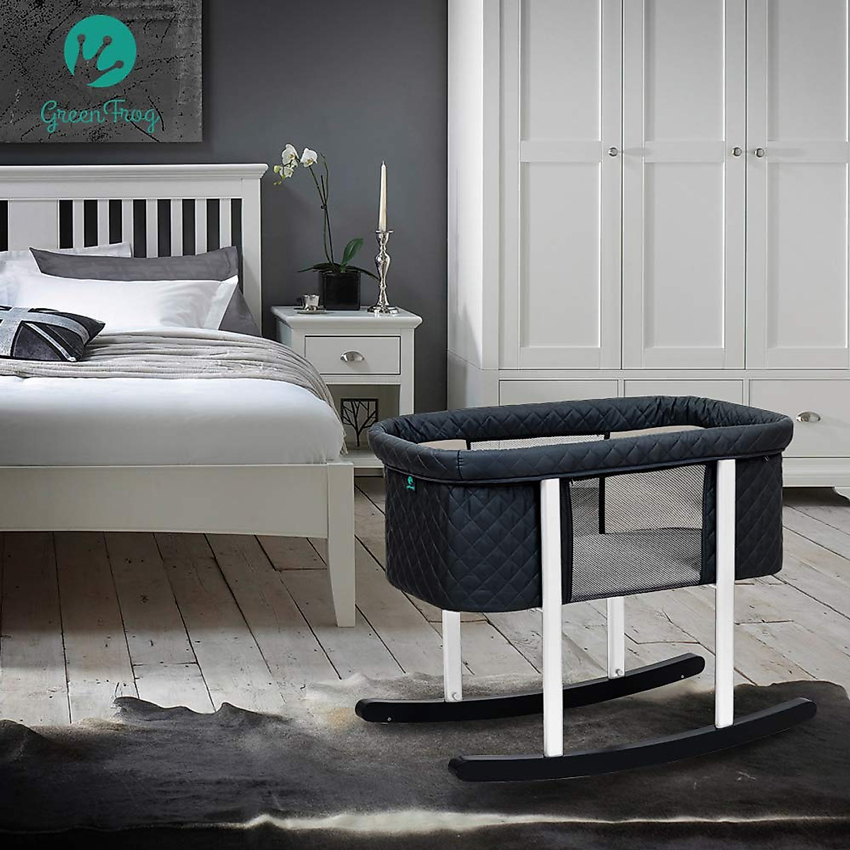 Green Frog Bassinet/Cradle | Gentle Rocking | Mesh Windows | Infant Safe Mattress | Hidden Wheels for Easy Movement | Washable | Lightweight and Transportable (Black Diamond)