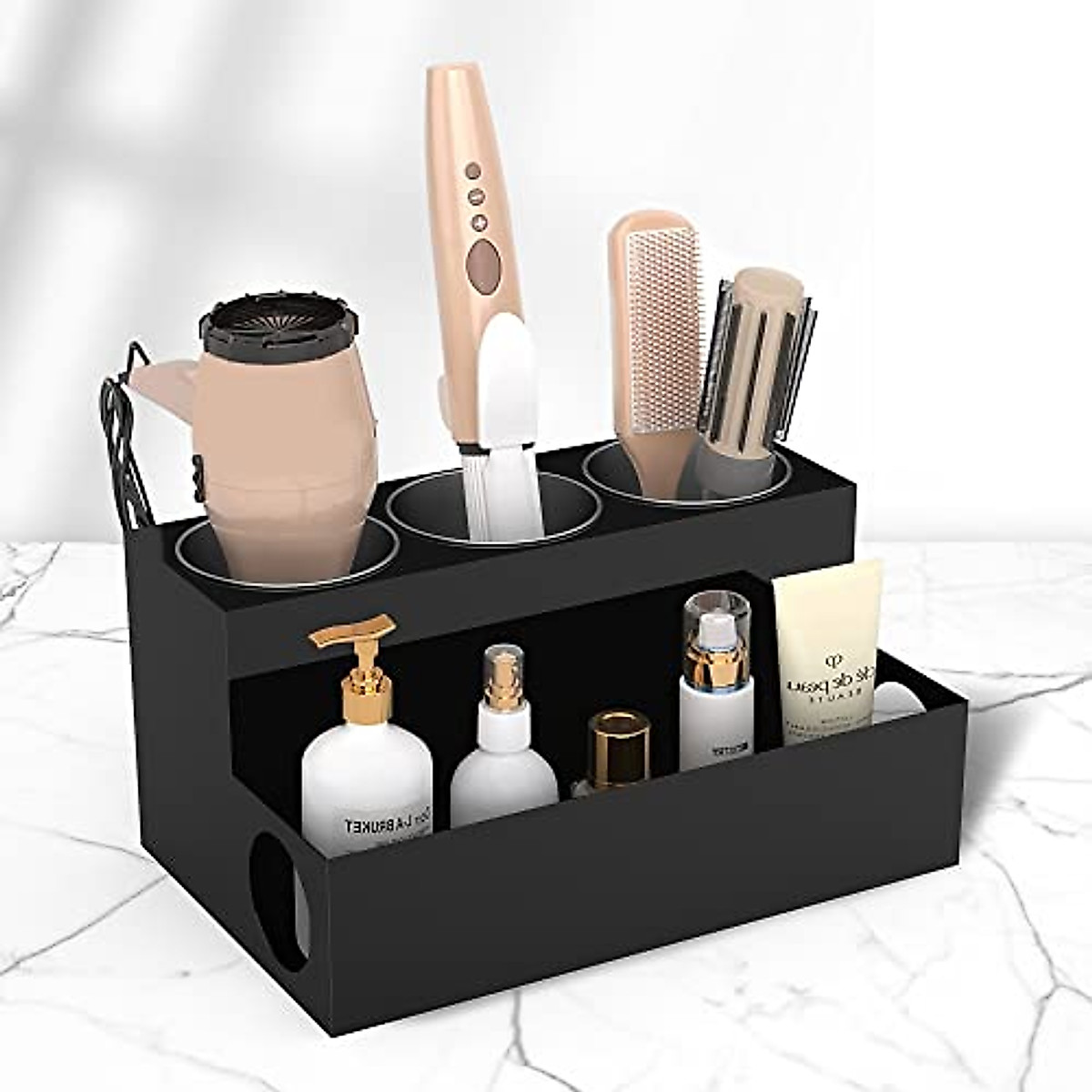 Hair Tool Organizer - Space Saving Hair Accessories Organizer for Hot Tools, Curling Iron, Straightener, Product and Makeup - Hair Dryer Holder with Heat Resistant Stainless Steel Cups - Black,ORBL