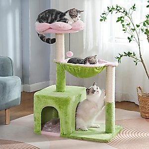 Pawfessor Flower Cat Tree 4 in 1 Cat Scratching Post for Indoor Cats 34" Small Cat Tower for Large Cats, with Full Scratch Posts,15.7”Large Hammock, Removable Perch and Wide Condo for Indoor Cats-Pink