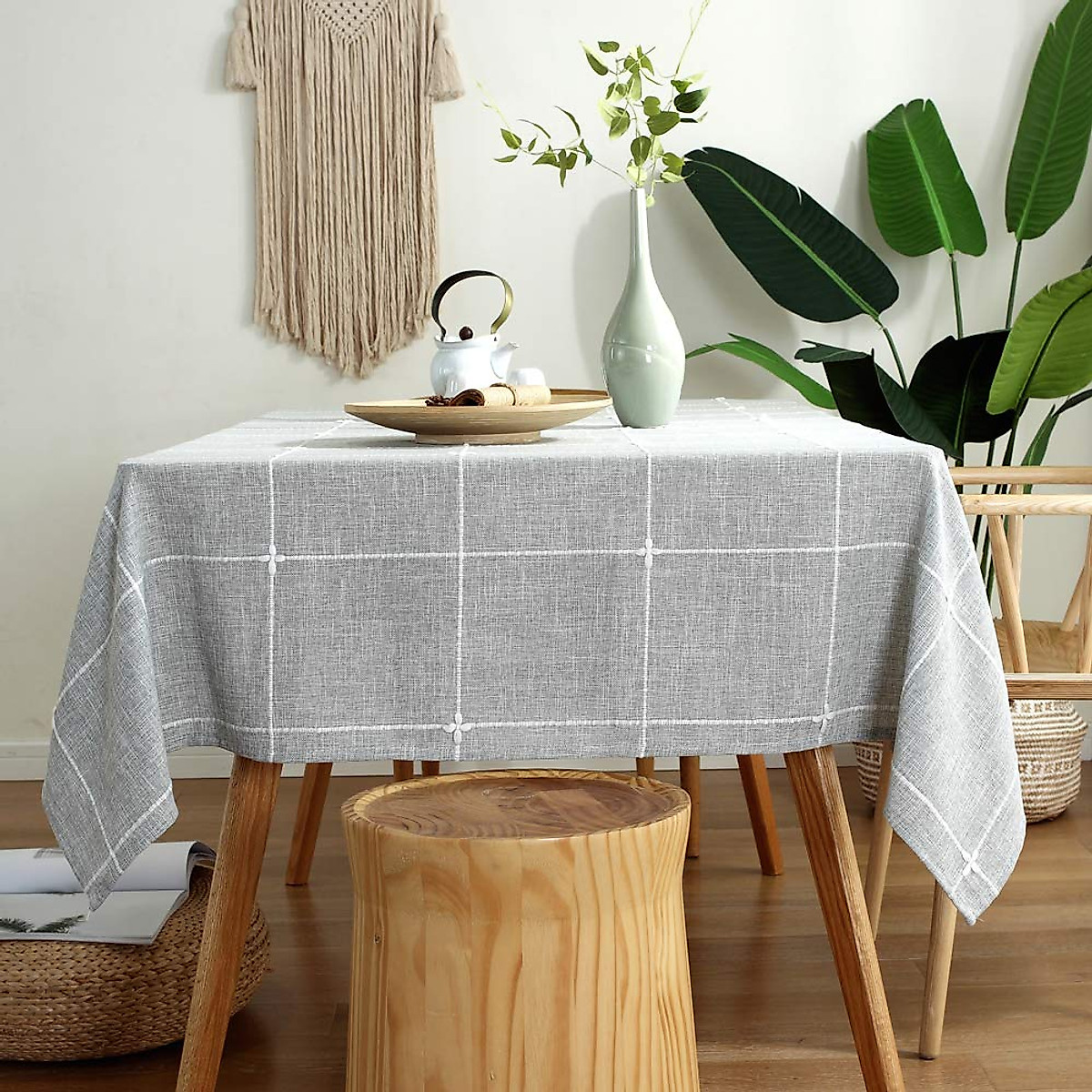 TruDelve Cotton Linen Tablecloth Rectangle Grey Fabric Table Cloth Vintage Farmhouse Table Cover for Rectangle Tables (52"x86", Grey)