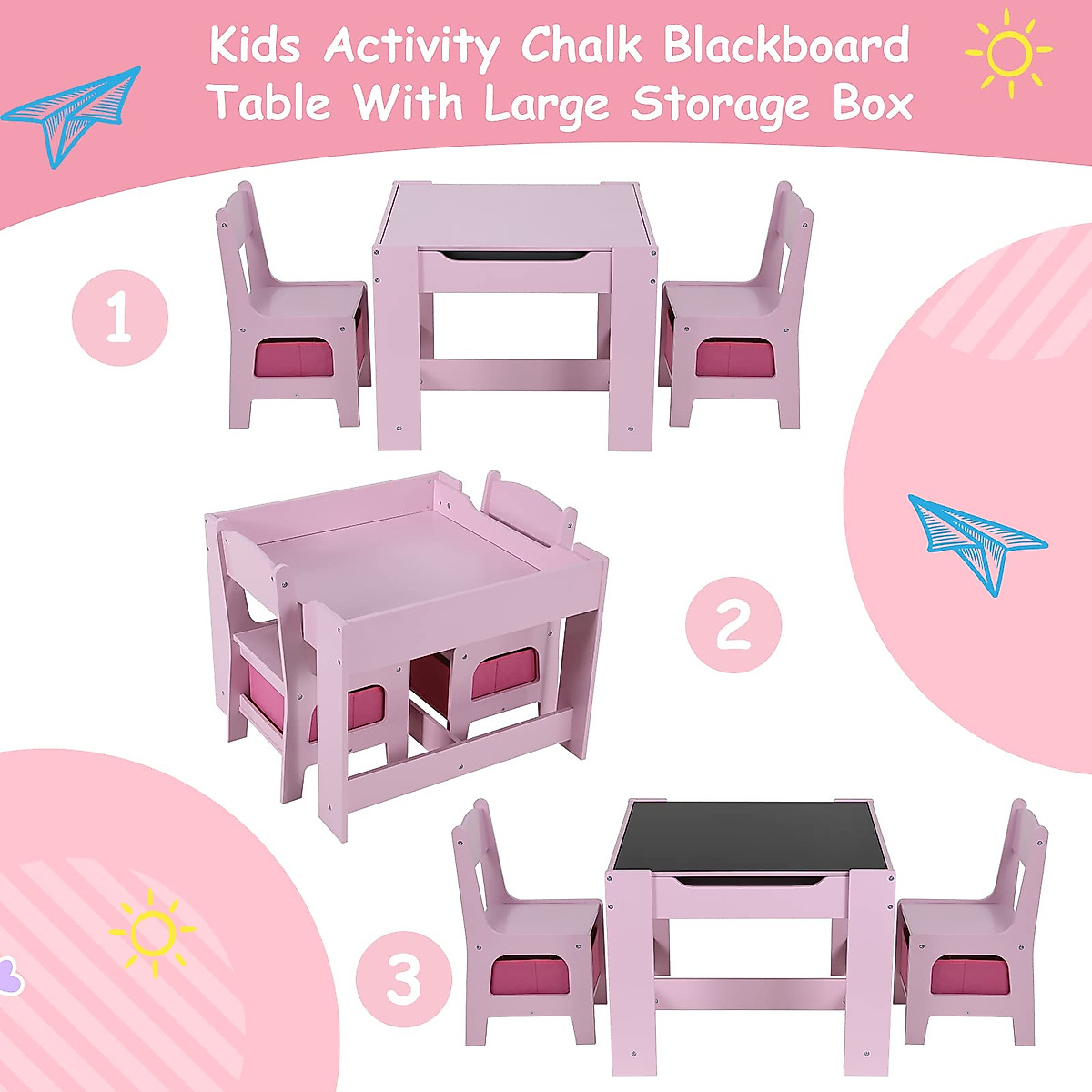 Arlopu Kids Table and 2 Chairs Set, 3-in-1 Wooden Activity Table, w/Detachable Storage Drawer, Drawing Reading Black Board Desk, Art Craft, Playroom, Nursery (Natural)