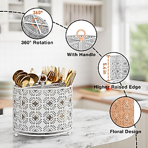 YIUKEA Rotating Utensil Caddy Holder - Higher Raised Cutlery Caddy Countertop - Metal Silverware Caddy Organizer with 4 Compartment for Kitchen Counter Party Office white