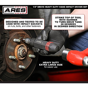ARES 10027 – 1/2-Inch Drive Heavy Duty Hex Grip Impact Driver – 1/4-Inch & 5/16-Inch Bit Chucks – S2 Bits – Slotted 3/16, 1/4, 5/16, 3/8 Inch Bits – Phillips PH1, PH2, & PH3 Bits - T20, T25 Bits