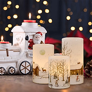 Eldnacele Snowman Christmas Deco Flameless Flickering Candles with Automatical Daily Cycle Timer, White Battery-Operated LED Pillar Candles Snowman Decals 3 Pack (D3” x H 4” 5” 6”) – Snowman