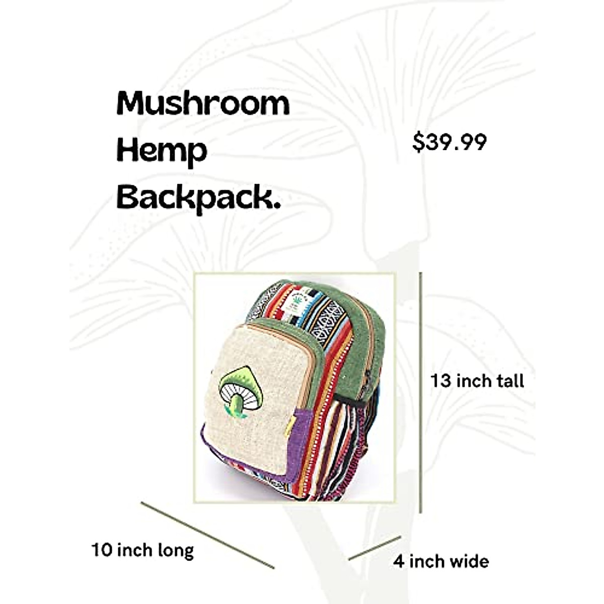 Himalaya Handmade Unique 100% Hemp Backpack Small Backpack Hippie Backpack Festival Backpack Hiking and Laptop Backpack FAIR TRADE with Love Multi/Green Mini