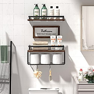 Floating Shelves, Bathroom Shelves Over Toilet with Wall Décor Sign, Wood Wall Shelves with Protective Metal Guardrail & Paper Storage Basket for Bathroom, Bedroom, Living Room, Kitchen (Black Walnut)