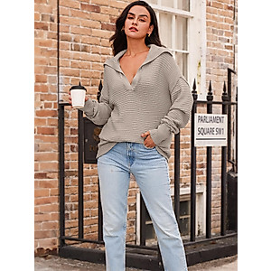 EFAN Women's Oversized V Neck Sweaters 2023 Long Sleeve Collared Tunic Batwing Knitted Pullover Sweater Apricot