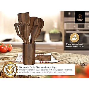Earthy Chef wooden utensils for cooking - Premium teak kitchen utensil set - Incl. utensil holder and hanging hooks - 9-piece cooking spoon set - Non scratch & Food-grade material