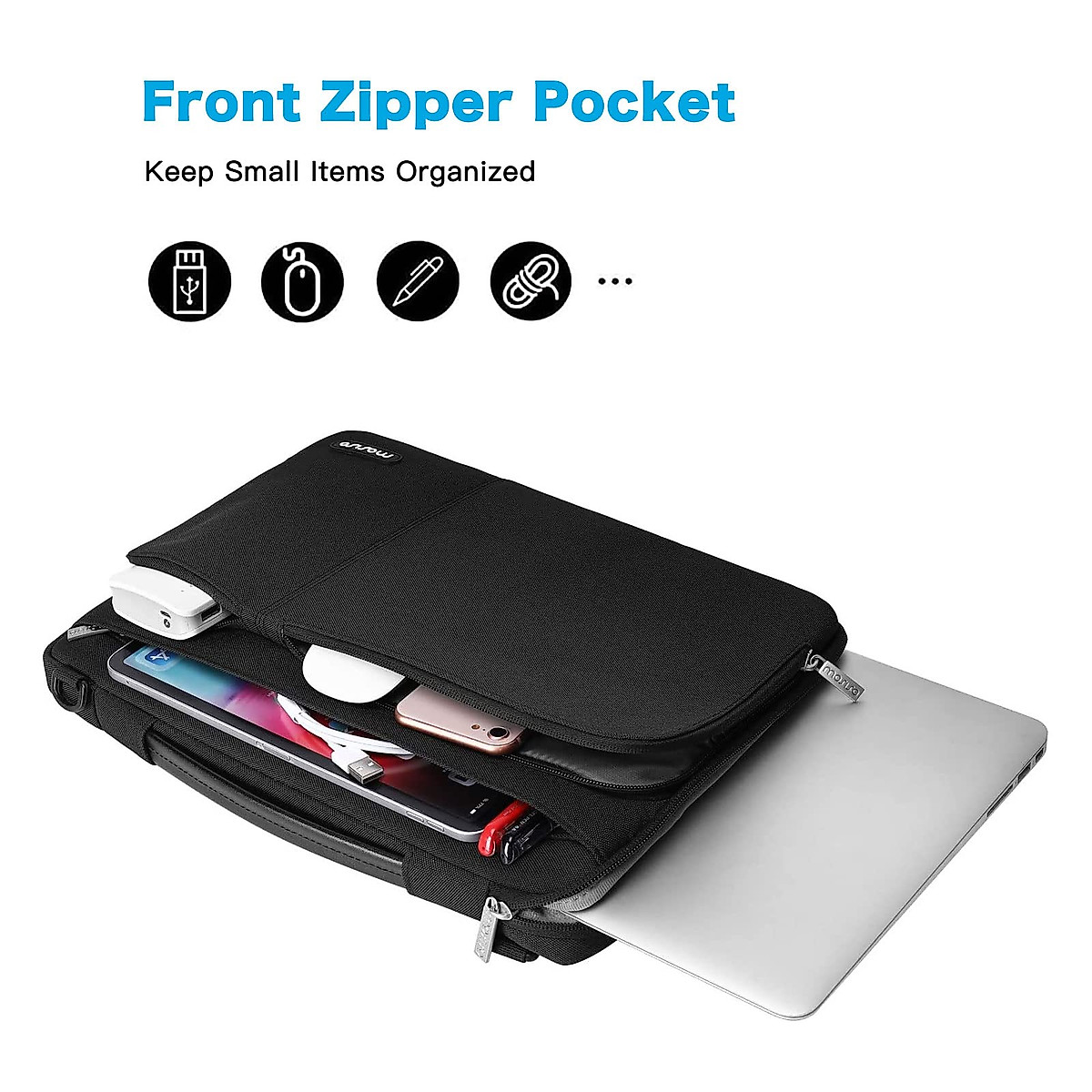 MOSISO 360 Protective Laptop Shoulder Bag Compatible with MacBook Air/Pro,13-13.3 inch Notebook,Compatible with MacBook Pro 14 inch 2023-2021,Side Open Sleeve with 3 Front Pockets&PU Handle&Belt,Black