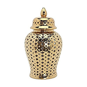 Modern Ceramic Hollow Out Ginger Jar Storage Jar Bud Vase Floral Arrangement Decorative Handicraft Flower Vase with Lid for Home Office Bookshelf Living Room Party Wedding Decor