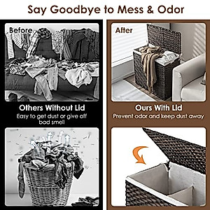 GOFLAME Laundry Hamper with Lid & Handles, 110L Divided Dirty Clothes Hamper with 3 Sections, Handwoven Rattan Laundry Basket with Removable & Machine Washable Liner Bag, Foldable & Easy Assembly