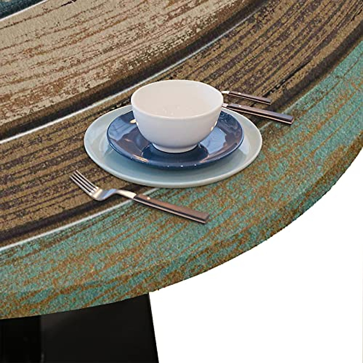 Round Fitted Tablecloth Retro Woodern Polyester Table Cloth with Elastic Edge for Round Table, Waterproof Wipeable Table Cover for Indoor Outdoor Picnic, Fits Tables up to 36" - 42" Diameter
