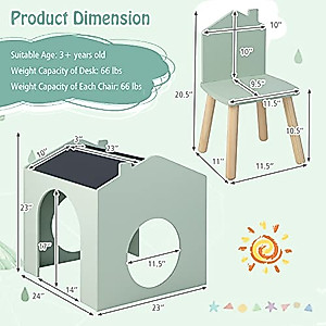 Costzon Kids Table and Chair Set, 3 Pieces Wooden Table Set for Toddler w/Chalkboards for Arts, Crafts, Reading, Drawing, House-Shaped Space-Saving Children Furniture Set, Gift for Boys Girls, Green