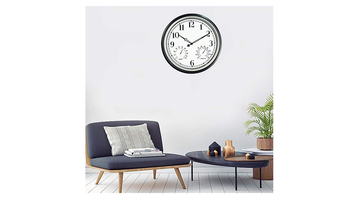 Rsobl 16" Waterproof Outdoor Wall Clock with Thermometer
