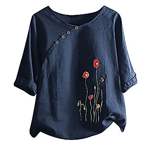 Womens Summer Tops,Womens Cotton Linen Floral Print Tunics Short Sleeve T-Shirts O-Neck Loose Comfy Button T Shirts Navy