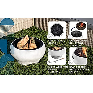 Teamson Home MGO Light Concrete Round Charcoal and Wood Burning Fire Pit for Outdoor Patio Garden Backyard with Spark Screen, Fireplace Poker, Grate, and BBQ Grill, Light Gray