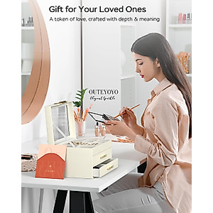 Jewelry Box for Women, 3-Layer Jewelry Organizer with Glass Lid, Flip-Top Leather Jewelry Boxes with 2 Drawers,Earring, Necklace, Ring, Bracelet Organizer Box for Big and Small Jewelry - Cloud White