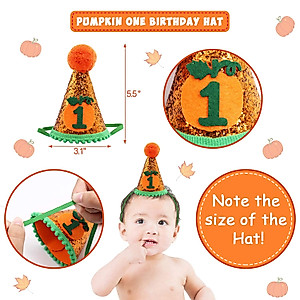 Vansolinne Little Pumpkin First Birthday Highchair Banner Decorations, Fall Harvest Birthday Highchair Banner Cake Smash Cone Hat Decorations Set for Baby Boy Girl 1st Birthday Party Supplies, 3 in 1
