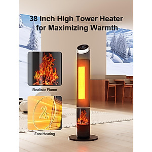 Uthfy Space Heater Indoor, 38" Electric Room Heater with Flame, 24H Timer, Portable Tower Heater with Remote, Thermostat, 3 Modes, Tip-over and Overheat Protection, for Bedroom Office Large Room Use