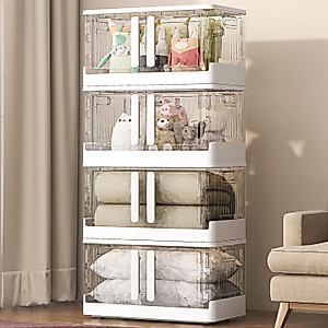 Storage Bins with Lids, 11 Gal Collapsible Storage Bins With Lids - Plastic Storage Bins with Lids, Large Closet Organizers and Storage, Double Door Stackable Storage Bins for Clothes (4 Pack)