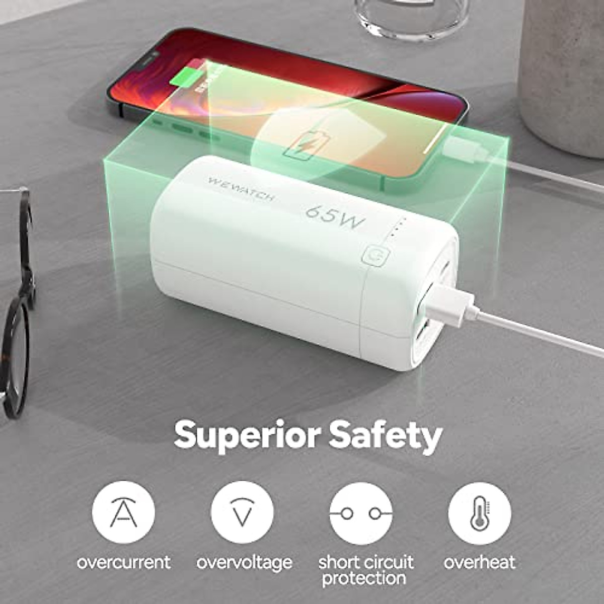 WEWATCH Portable Charger, 65W 20000mAh Laptop Power Bank with LED Indicator, Fast Charging USB C 3 Port PD3.0 Battery Pack for MacBook Dell XPS iPad iPhone 13/12 Pro Mini Samsung Switch