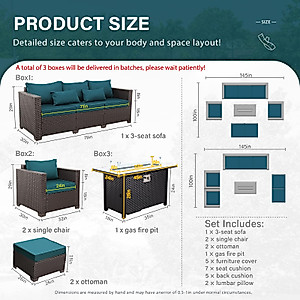 Patio Furniture Set 6-Piece Outdoor Furniture Set with 45'' Propane Gas Fire Pit Table Outdoor Conversation Set Wicker Sofa Set Non-Slip Cushions Waterproof Covers, Peacock Blue